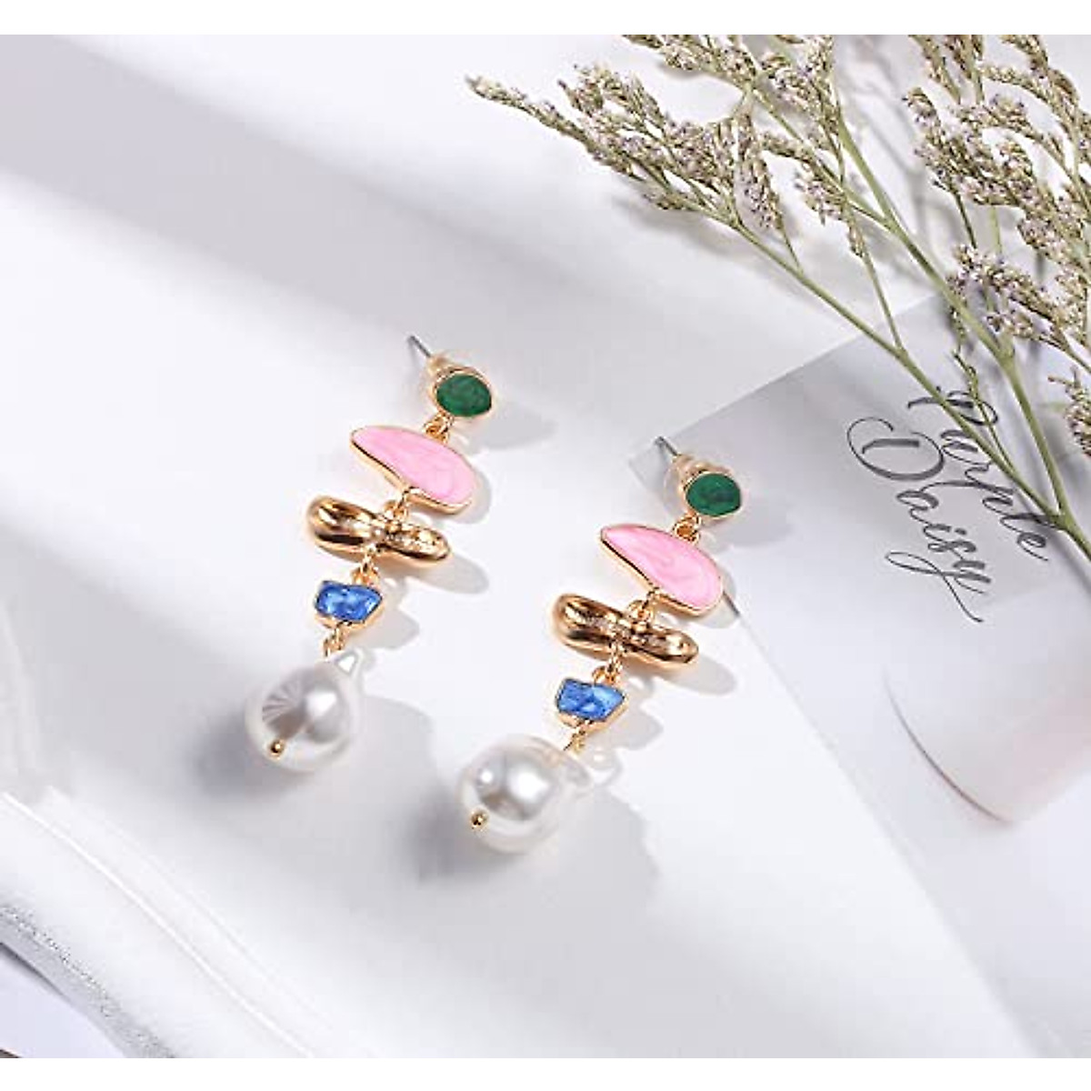Pearl Dangle Earring for Women Girl, Irregular Colorful Oil Baroque Design, Culture Style AAAA Cubic Zirconia 14K Gold Pearl Earring Gift for Women Girl (Pearl-glazed)