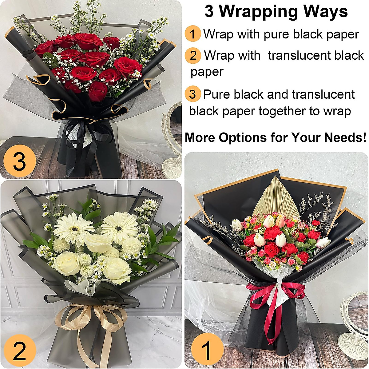 SYOGUA 20 Sheets Flower Wrapping Paper Black - Waterproof Floral Bouquets Wrapping Paper- 10Pcs Gold Edge & 10Pcs Translucent Black Edge Florist Supplies Gift Packaging Flower Paper Wrap