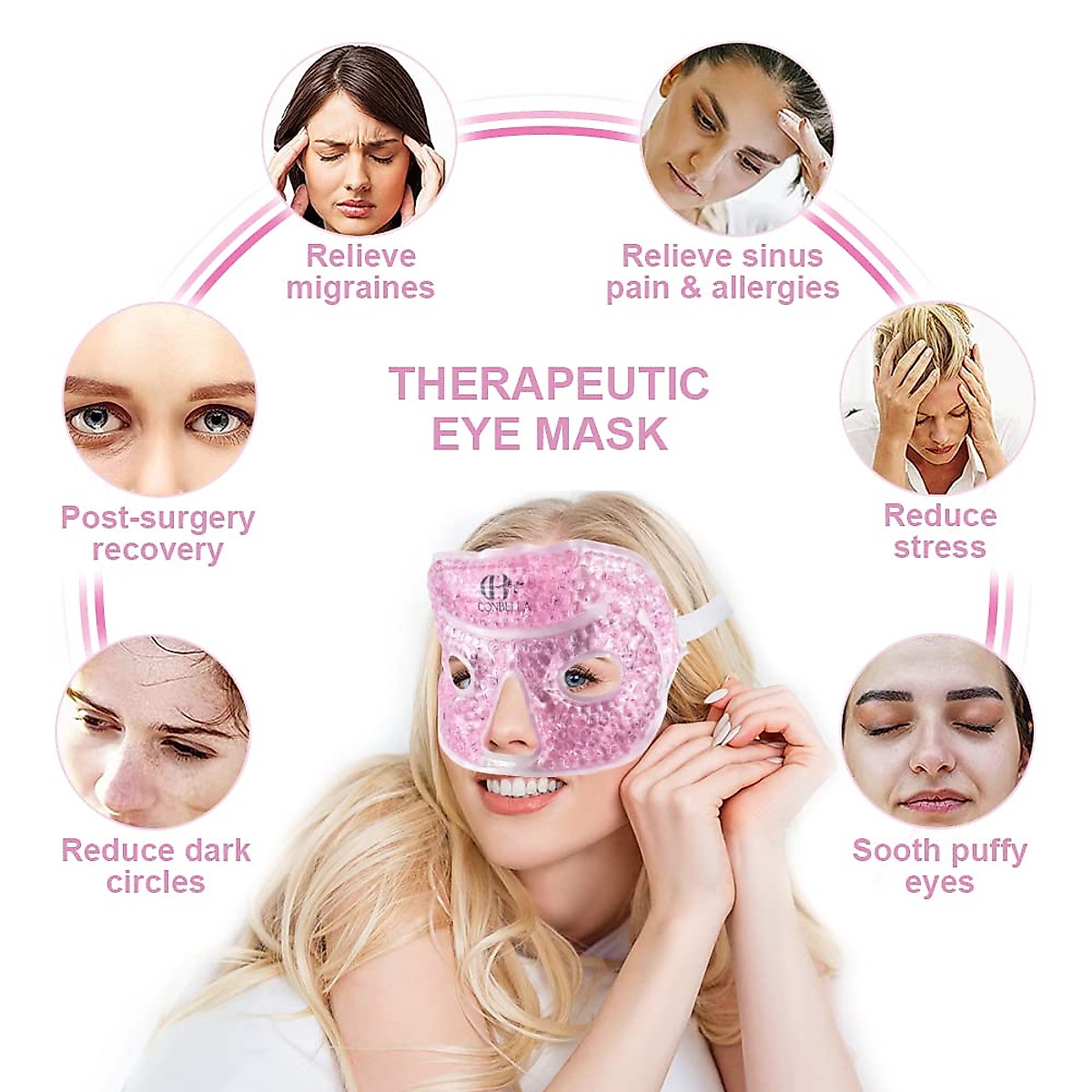 CONBELLA Ice Face Mask for Woman Man, Hot or Cold Gel Bead Ice Mask for face with Eye Holes & Soft Plush Backing, Ice Gel Freezer Eye Mask for Puffy Eyes, Redness, Headaches, Stress (#43 Green)