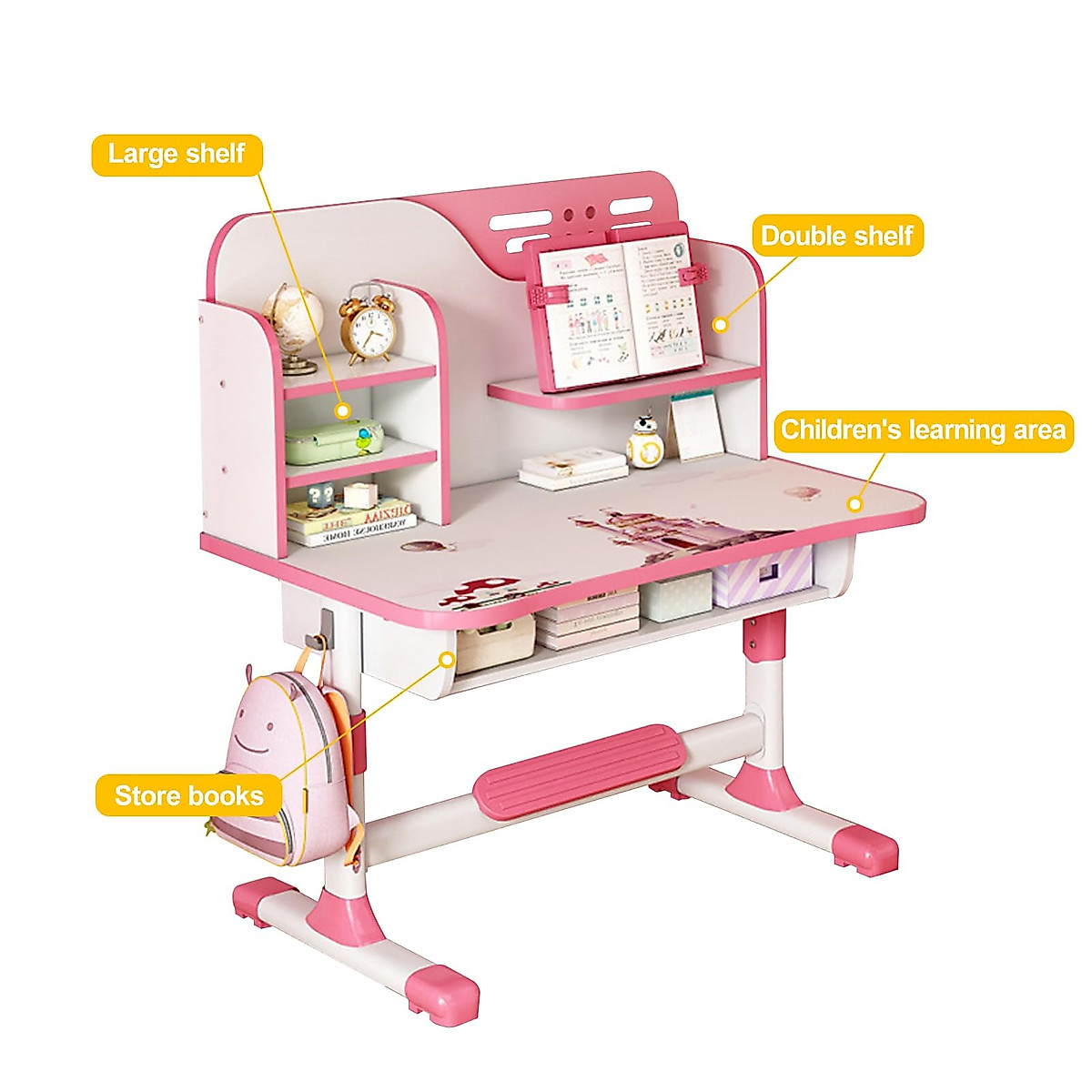 Premium Kids Study Desk Chair Set,Height Adjustable Children's Desk and Chair School Study Table Chair with Astronaut Pattern,Ergonomic Desk Chair with Writing Board, Bookshelf and Drawer Pink