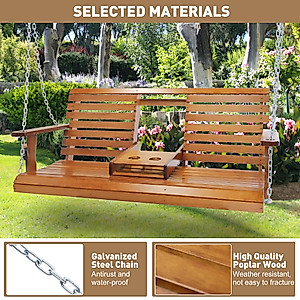 Outdoor Wooden Porch Swing, 2 Person Heavy Duty Hanging Patio Swing Bench for Garden, Backyard, Balcony, 500 Lb Weight Capacity, 5 ft Seat Width