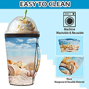 Beach Starfish Seashell Reusable Iced Coffee Cup Sleeve with Handle Neoprene Ice Coffee Cup Sleeve Small 18-20 oz Insulator Drink Holde for Coffee Cups Water Beverages Bottle