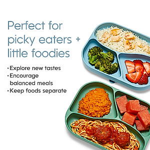 NumNum Silicone Toddler Suction Plates for Baby - 100% Food Grade Divided Plate w/Easy Release Tab, BPA Free & Dishwasher Safe - Non-Slip Dishes for High Top, Dining Table - 2 Pack, Blue/Green