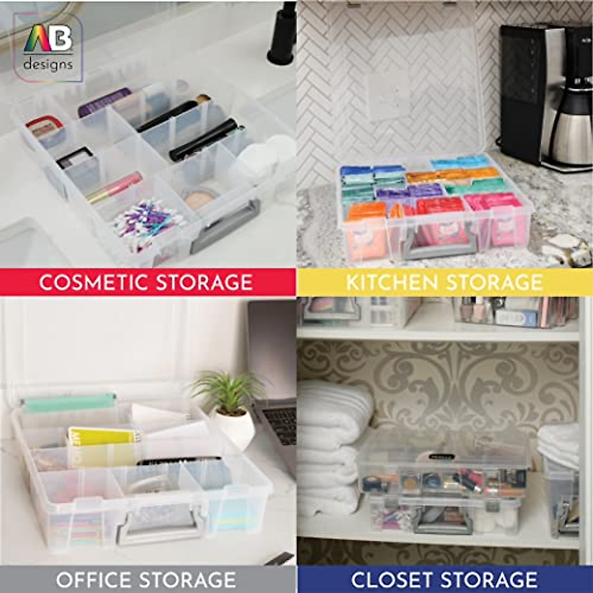 AB Designs 6823ABD Super Satchel with Removable Dividers, Stackable Home Storage Organization Container, Clear with Sliver Latches and Handle