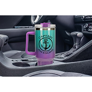 Elanze Designs Captain Awesome Nautical Anchor 40 oz. Stainless Steel, Large Water Bottle Coffee Mug, Spill & Leak Resistant, Thermal Travel Tumbler with Handle, Lid & Straw, Teal/Purple