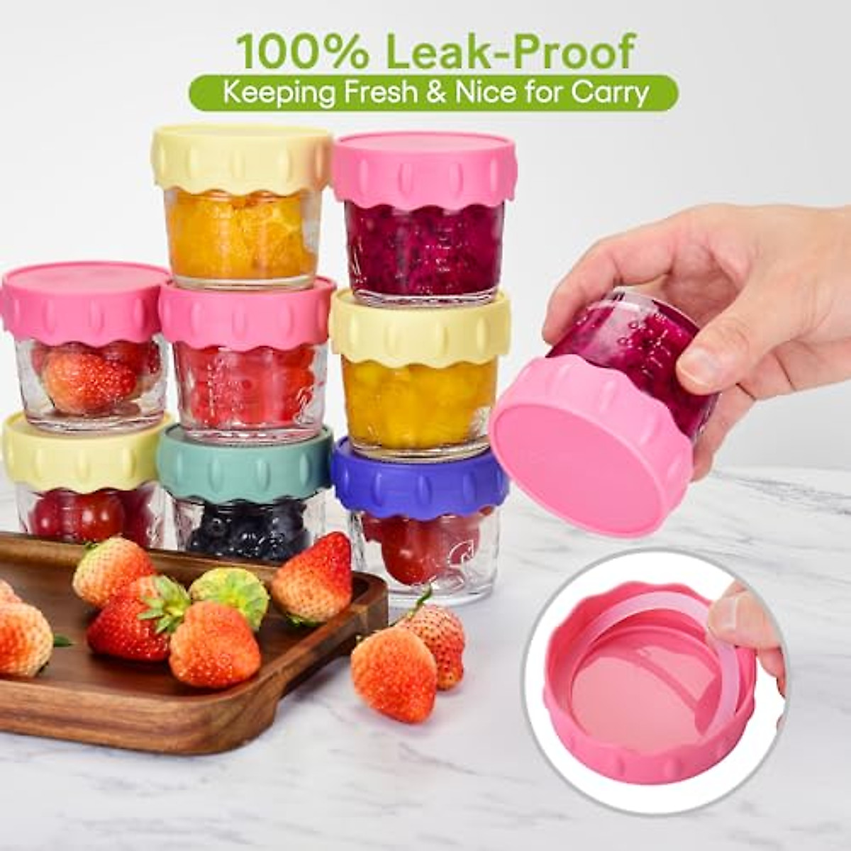 6-Pack Baby Food Storage Containers, 4 Oz Glass Baby Food Jars with Leak-proof Silicone Ring and Lid, Baby Food Containers Freezer Safe for Baby Food Maker, Microwave, Dishwasher