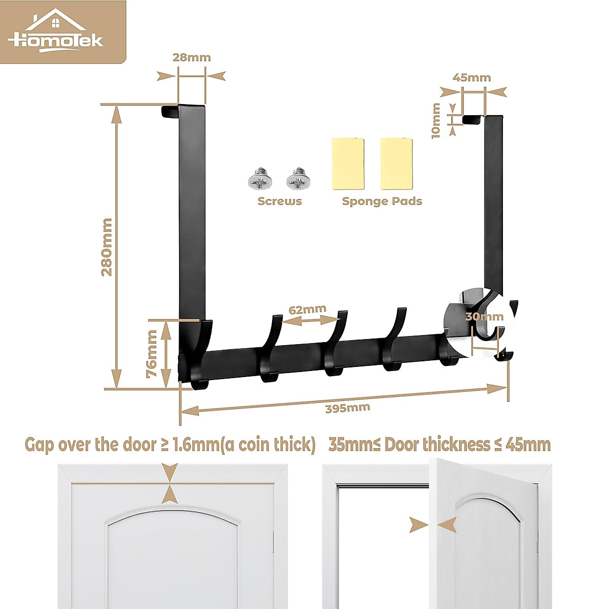 HOMOTEK Over The Door Hooks Longer, Heavy Duty Over Door Rack for Bathroom, Door Hanger Coat Holder with 12 Hooks for Hanging Clothes, Towels and Hat, 11" Bracket, Fits 1-3/4" Thick Door, Black