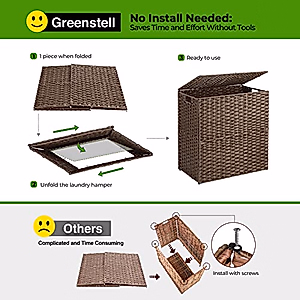 Greenstell Laundry Hamper No Install Needed, Divided Clothes Hamper with 2 Removable Liner Bags, 90L Handwovn Synthetic Rattan Laundry Basket with Lid and Handles, Foldable Brown 17.5x12.5x25.5Inches