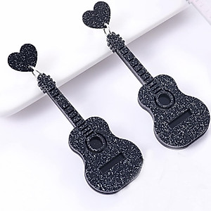 Acrylic Cute Music Bass Electric Guitar Earrings Charms Instrument Drop Dangle Jewelry Gifts for Women (Heart Shape- Black)