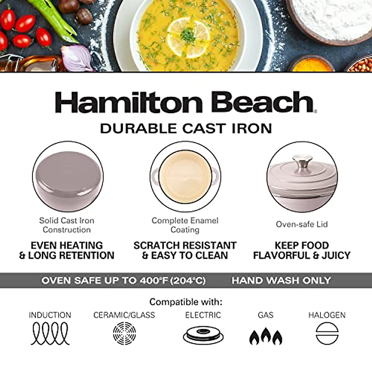 Hamilton Beach Enameled Cast Iron Dutch Oven 5.5-Quart Gray, Cream Enamel Dutch Oven Pot with Lid, Cast Iron Dutch Oven with Even Heat Distribution, Safe Up to 400 Degrees, Durable