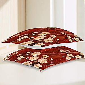 DiuuDi Romantic Blossom Duvet Cover King Size 3D Printed Red Background Wavy Lines Duvet Cover Set White Pink Flowers Festival Gift Comforter Cover Cozy Quilt Cover with 2 Pillowcases