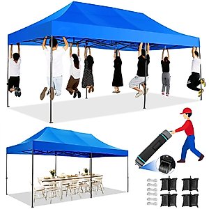 Tooluck 10x20 Heavy Duty Pop up Canopy Tent without Sidewalls Folding Height Adjustable Easy up Canopy UPF 50+ All Weather Waterproof Outdoor Instant Shelter Party Tent with Roller Bag Blue