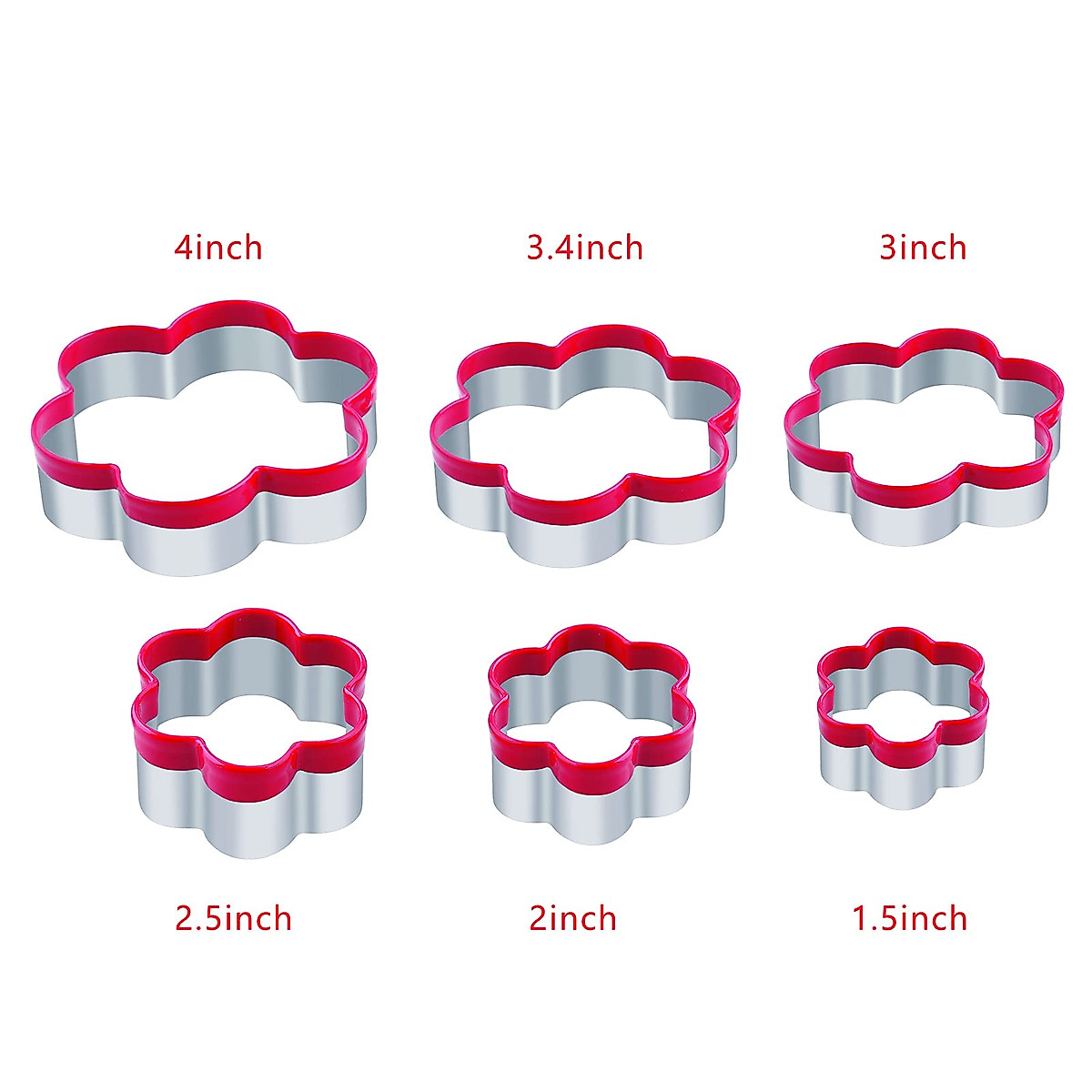 Flower Cookie Cutters Set 6-Pcs, Metal Flower Shapes Biscuit Cutter Made of Food Grade Stainless Steel, Protective Red TOP with Soft PVC, Safe & Healthy for Kids