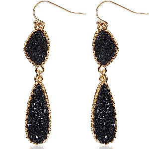 Humble Chic Simulated Druzy Drop Dangles - Long Double Teardrop Dangly Earrings for Women, Gold - Black Stone