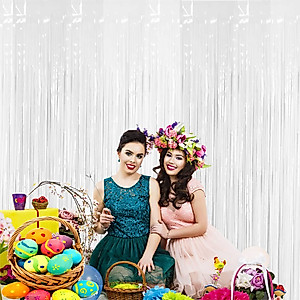 White Foil Fringe Curtain, 2PCS 3.28FT x 8.2FT Metallic Tinsel Door Curtains Photo Booth Backdrop for Wedding Birthday Bridal Shower Baby Shower Bachelorette Christmas Party Decorations