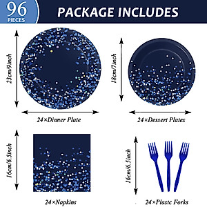 96 Pcs Blue and Silver Party Supplies Dot Confetti Paper Plates Sparkly Glitter Theme Party Decoration Confetti Party Tableware Set Bridal Shower Birthday Party Paper Plate Napkin Fork 24 Guests