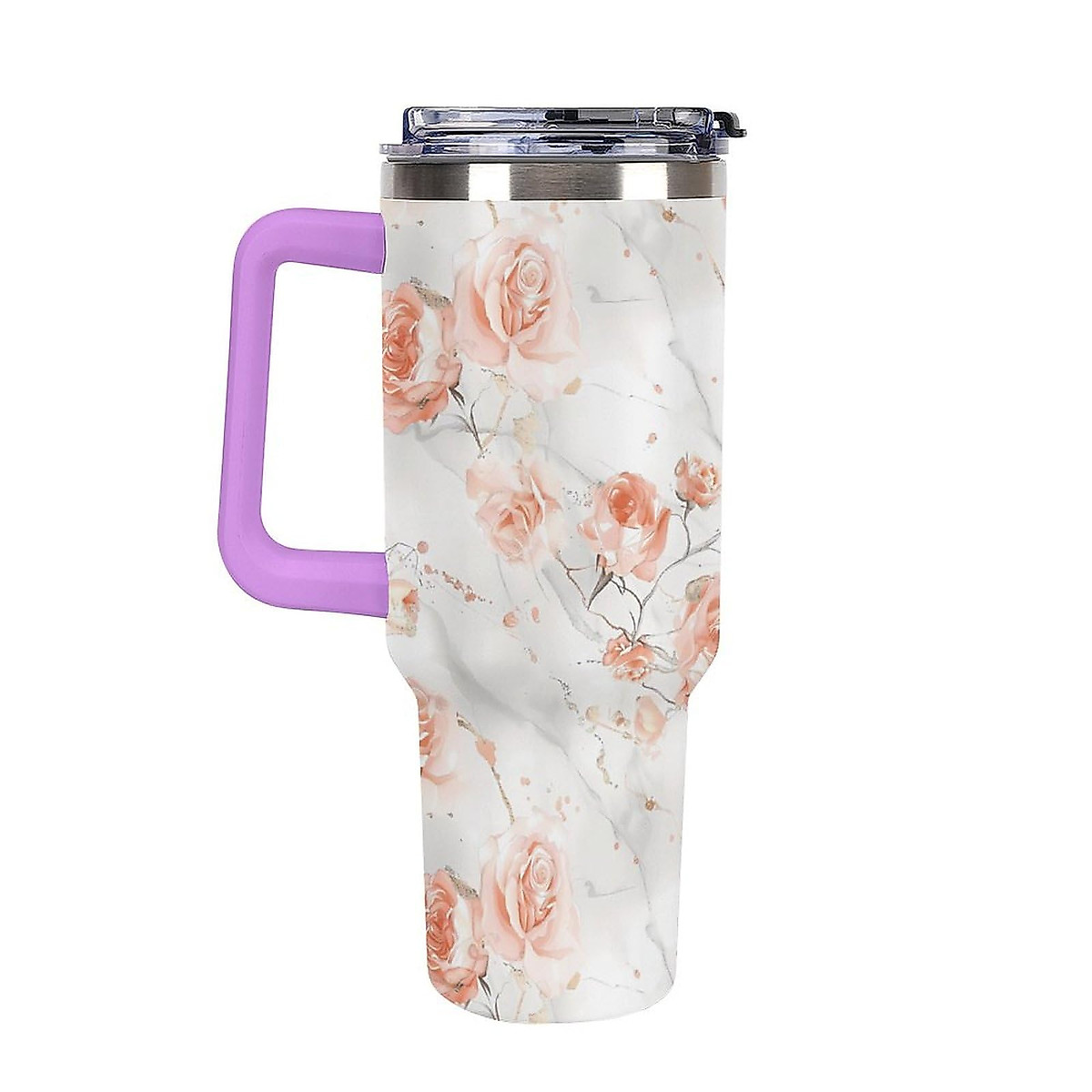 White Marble Rose Gold 40 Oz Tumbler Insulated Stainless Steel Water Bottle Travel Mug Car Cup with Handle And Straw