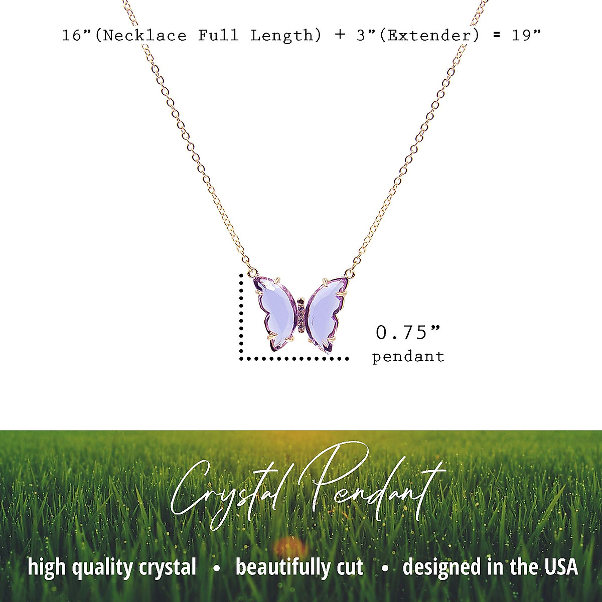 NTLX Butterfly Necklace – Bohemian Boho Butterfly Necklaces for Women – Beautiful Colors – Delicate Open Back Setting - Gift Box Included (Lt Amethyst Purple)