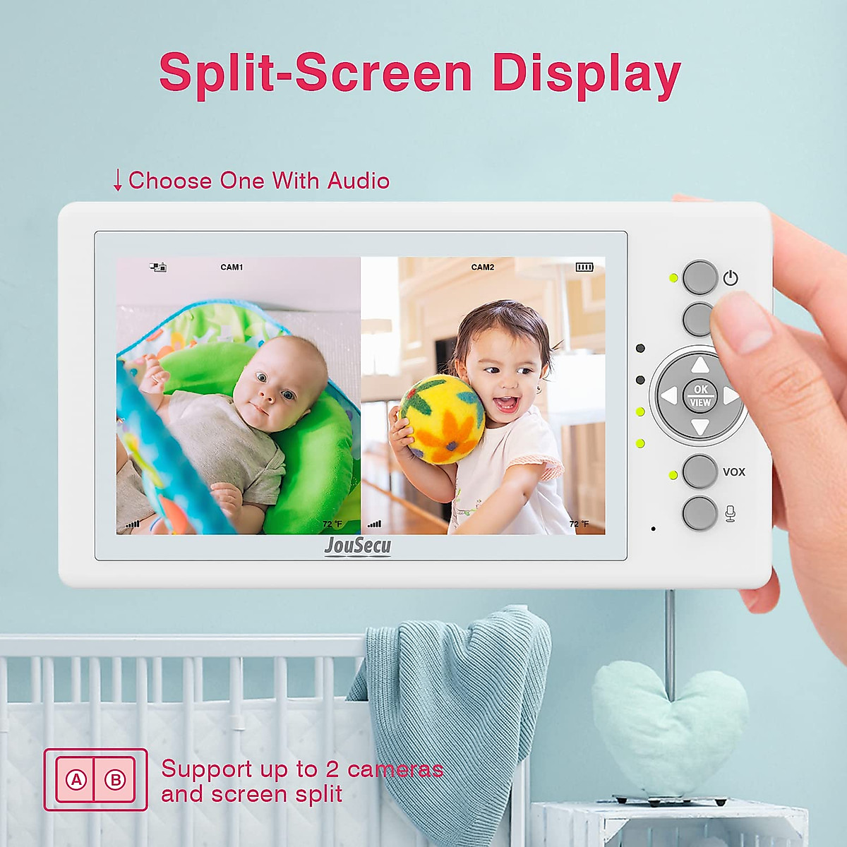 JouSecu Baby Monitor with 2 Cameras, Video Baby Monitor with Camera and Audio No WiFi, 5 inch Split Screen with 20Hour Long Battery Life 1000ft Range, Night Vision, 2-Way Talk