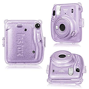 Fintie Protective Clear Case for Fujifilm Instax Mini 11 Instant Film Camera - Crystal Hard Shell Cover with Removable Rainbow Shoulder Strap, Glittering Purple