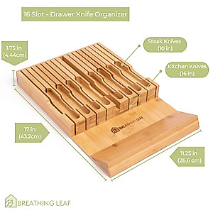 Drawer Knife Organizer - Bamboo Knife Block Insert - Holds 16 Knives + 1 Knife Sharpener (Knives Not Included) - Reliably Store, Secure & Organize Your Kitchen Knives In Cabinet - Free Up Counterspace