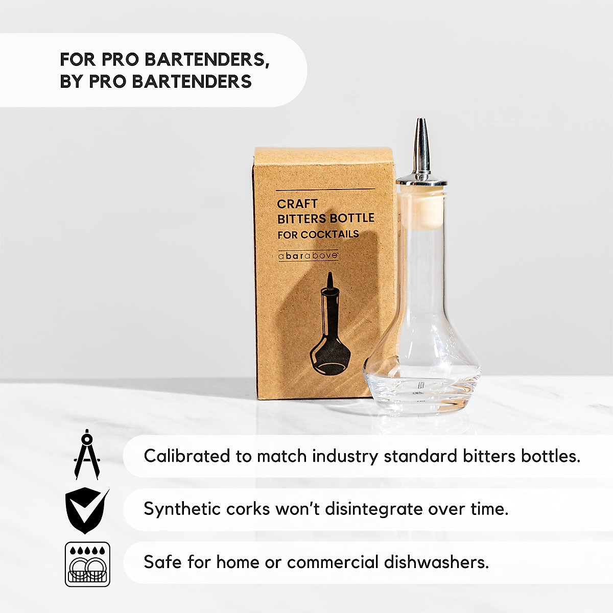 A Bar Above Bitters Bottle – Classic-Design Small Glass Bottles to Add Bitters for Cocktails w/Stainless Steel Pour Spout & Synthetic Cork– Ideal Bartender Gifts – Home Bar Accessories (1,7 oz)