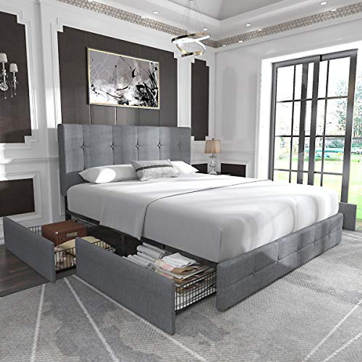Allewie Upholstered Queen Size Platform Bed Frame with 4 Storage Drawers and Headboard, Square Stitched Button Tufted Mattress Foundation with Wooden Slats Support, No Box Spring Needed, Light Grey