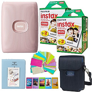 Fujifilm Instax Mini Link 2 Color Smartphone Printer - Soft Pink Instant Mini Film (40 Sheets) with Accessories Including Compatible Case with Strap, Photo Album, Stickers, Bundle