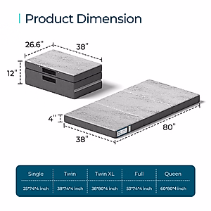 LINSY LIVING Twin XL Folding Mattress, 4 Inch Trifold Mattress with Soft Cover, Memory Foam Mattess, Foldable, Portable, Remoable&Washable Cover, Easy Storage, Twin XL Siz, 80" * 38", Grey