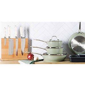 Sur La Table Kitchen Essentials 5 Piece German Steel Blade w/Triple Riveted Handle Set on Beechwood Magnetic Block - Linen White