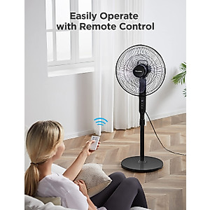 PELONIS 16" Oscillating Pedestal Stand Up Fan | Adjustable Height | Ultra Quiet DC Motor | Remote Control | 12 Speed | 12-Hour Timer | High Energy Efficiency | for Bedroom Home Office Use | Black