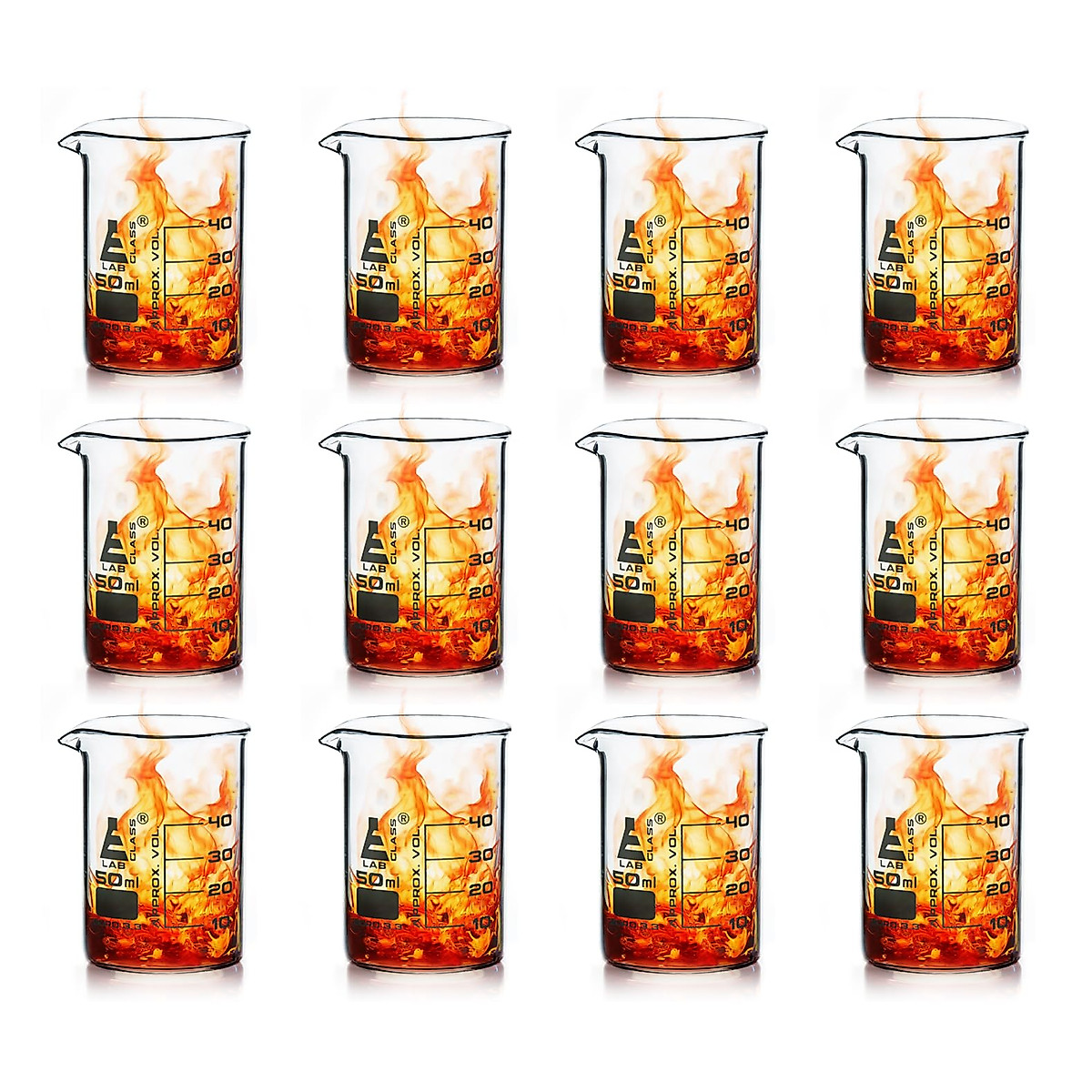 EISCO 12PK Beakers, 50mL - Borosilicate Glass, Low Form - 10mL Graduations