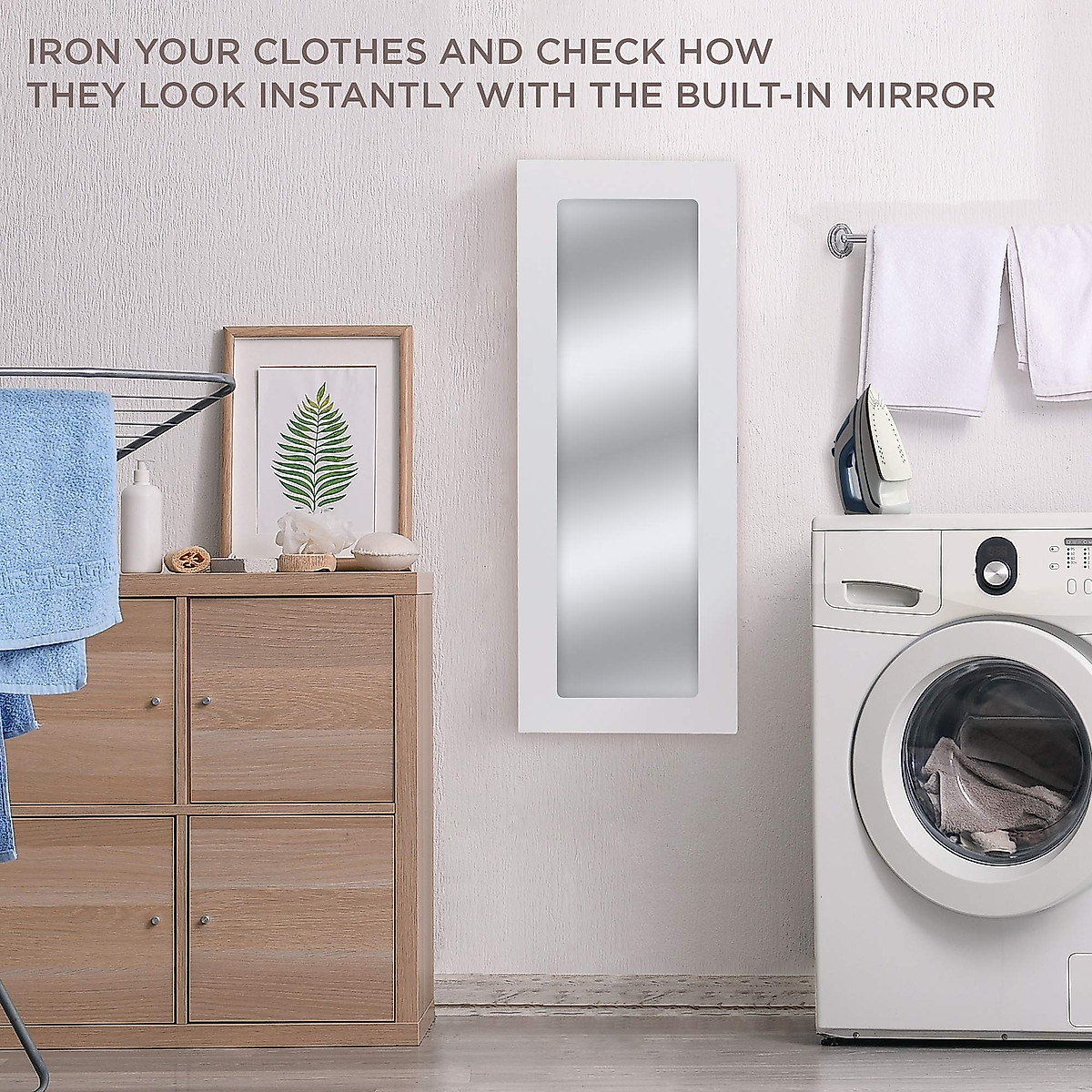 Ivation Wall-Mounted Ironing Board Cabinet with Mirror, Foldable Ironing Storage Station for Home, Apartment, Easy-Release Lever, Garment Hooks, White