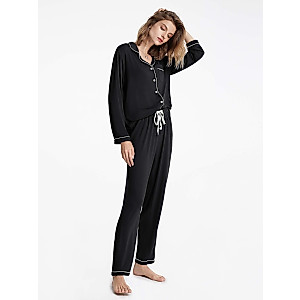 SIORO Womens Pajamas Set Long Sleeve, Button Down Cotton Pj Sets For Women Soft Nightwear,Black With White Piping, Small
