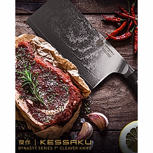KESSAKU Meat Cleaver Butcher Knife - 7 inch - Damascus Dynasty Series - Heavy Duty - Razor Sharp - Forged 67-Layer Japanese AUS-10V High Carbon Stainless Steel - G10 Garolite Handle with Blade Guard