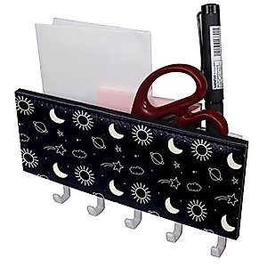 Space Background Mail Holder Organizer and Key Hooks PU Front, Self Adhesive Key Rack with 5 Hooks Perfect for Entryway, Hallway，Bathroom ，Kitchen