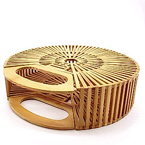 Miuco Women Bamboo Top-Handle Handbags Round Straw Beach Tote Bag Small