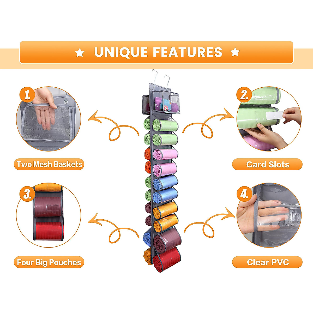 HOMELANE Premium Hanging Closet Storage Organizer for Leggings Yoga Pant Jeans Socks Bra Underwear Top T-Shirt Gym Clothes Scarf Hoodie Sweater Towel Bag, Small Foldable Roll Hangers - 22 GRIDS (Grey)