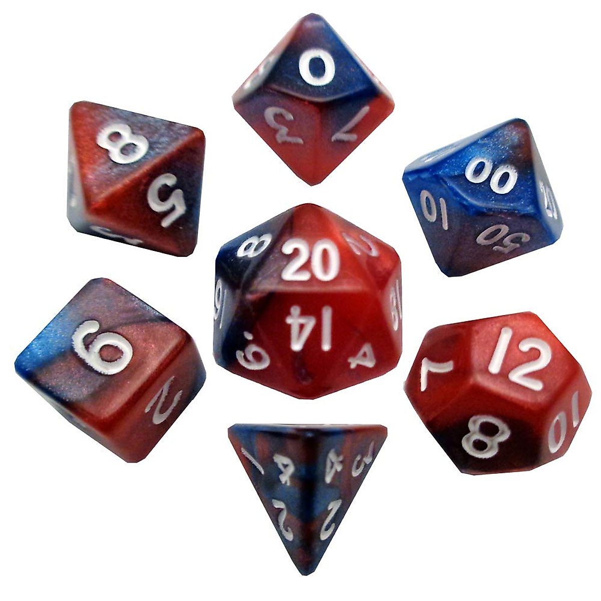 7 Count MINI Dice Set: RED/BLUE with White Numbers