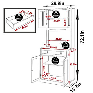 VEIKOUS 72" Kitchen Pantry Buffet Hutch, Freestanding Tall Storage Cabinets with Glass Doors, Pantry Countertop with Drawer and Adjustable Shelves, Black