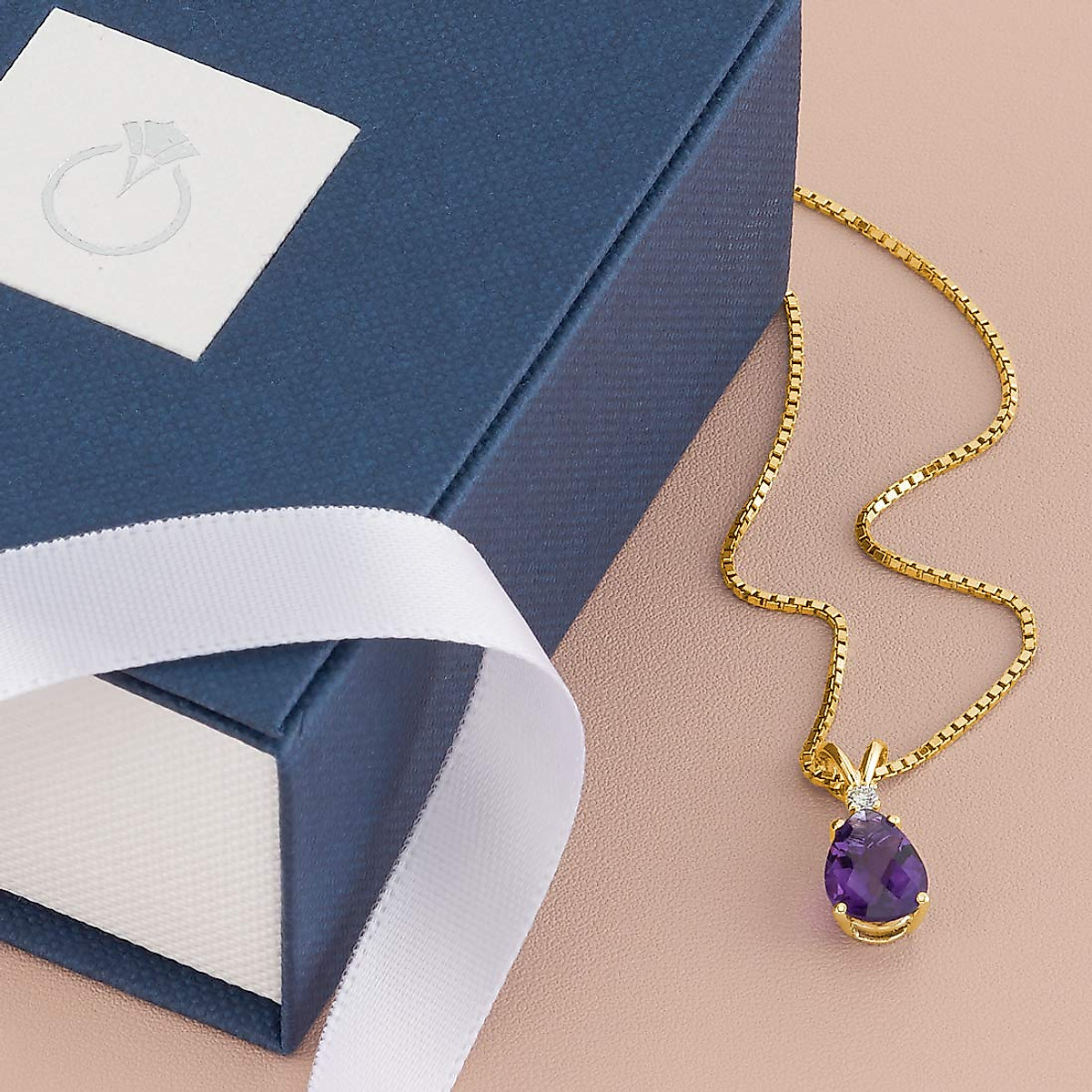 PEORA Solid 14K Yellow Gold Amethyst with Diamond Pendant for Women, Genuine Gemstone Teardrop Solitaire, 1.60 Carats total, Pear Shape, 10x7mm