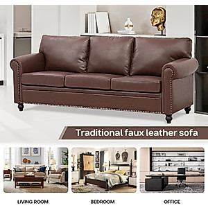 Brown Leather Couch, Comfy Classic 3 Seater Living Room Sofa，Mid-Century Modern Sofa with Detachable Cushions 84" for Living Rooms, Bedrooms, Offices,Apartments Tool-Free Assembly(Brown PU + Sofa)
