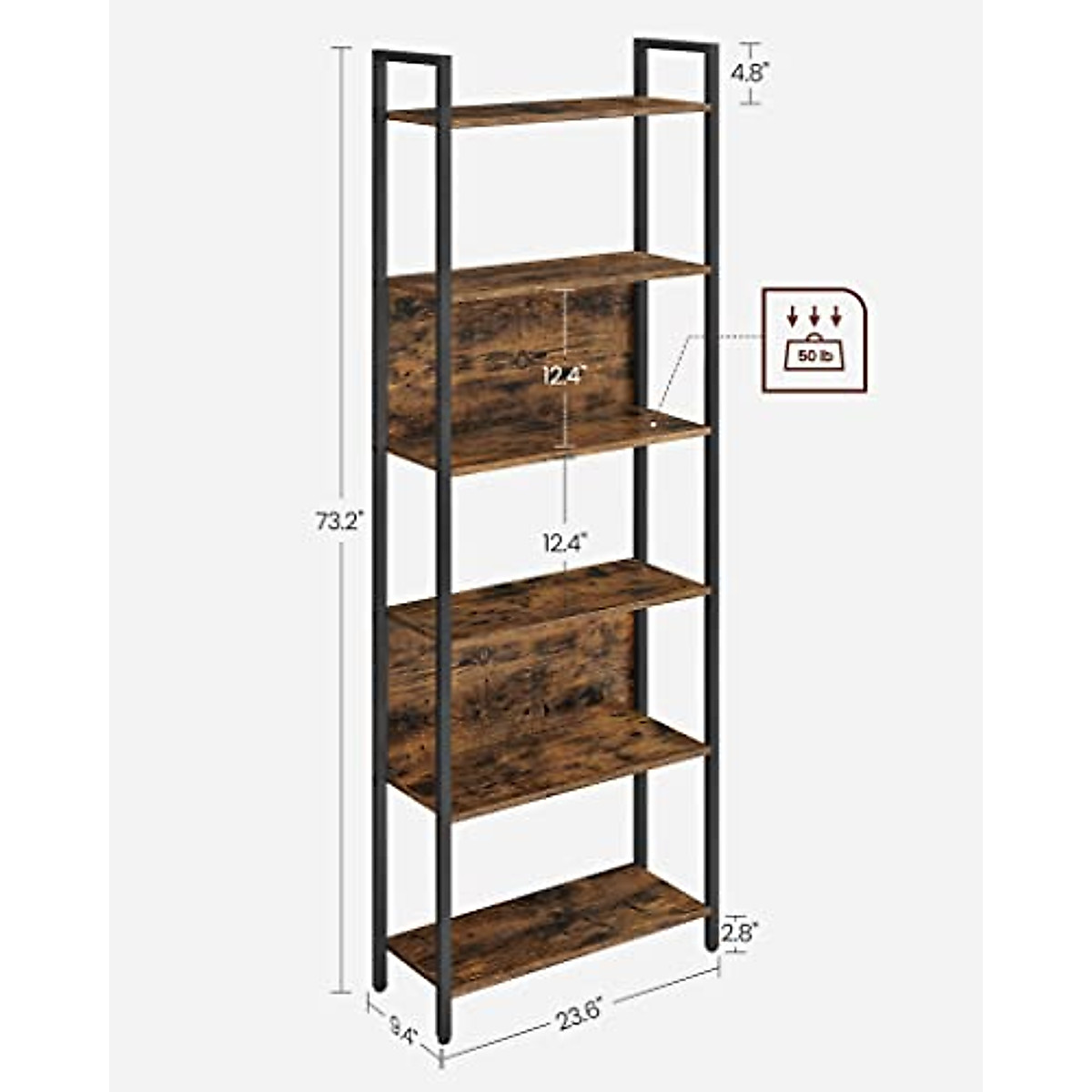 VASAGLE ALINRU 6-Tier Bookshelf, Tall Storage Shelves, Shelving Unit with Steel Frame, for Living Room, Entryway, Hallway, Office, Industrial Style, Rustic Brown and Black ULLS113B01