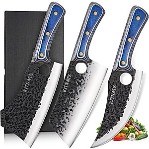 3PCS Butcher Knife Set, Hand Forged kitchen Knife Set-Heavy Duty Bone Chopper Knife & Meat Cleaver Knife & Viking Knife, Chef Knife Set for Home, Outdoor Cooking, Camping BBQ