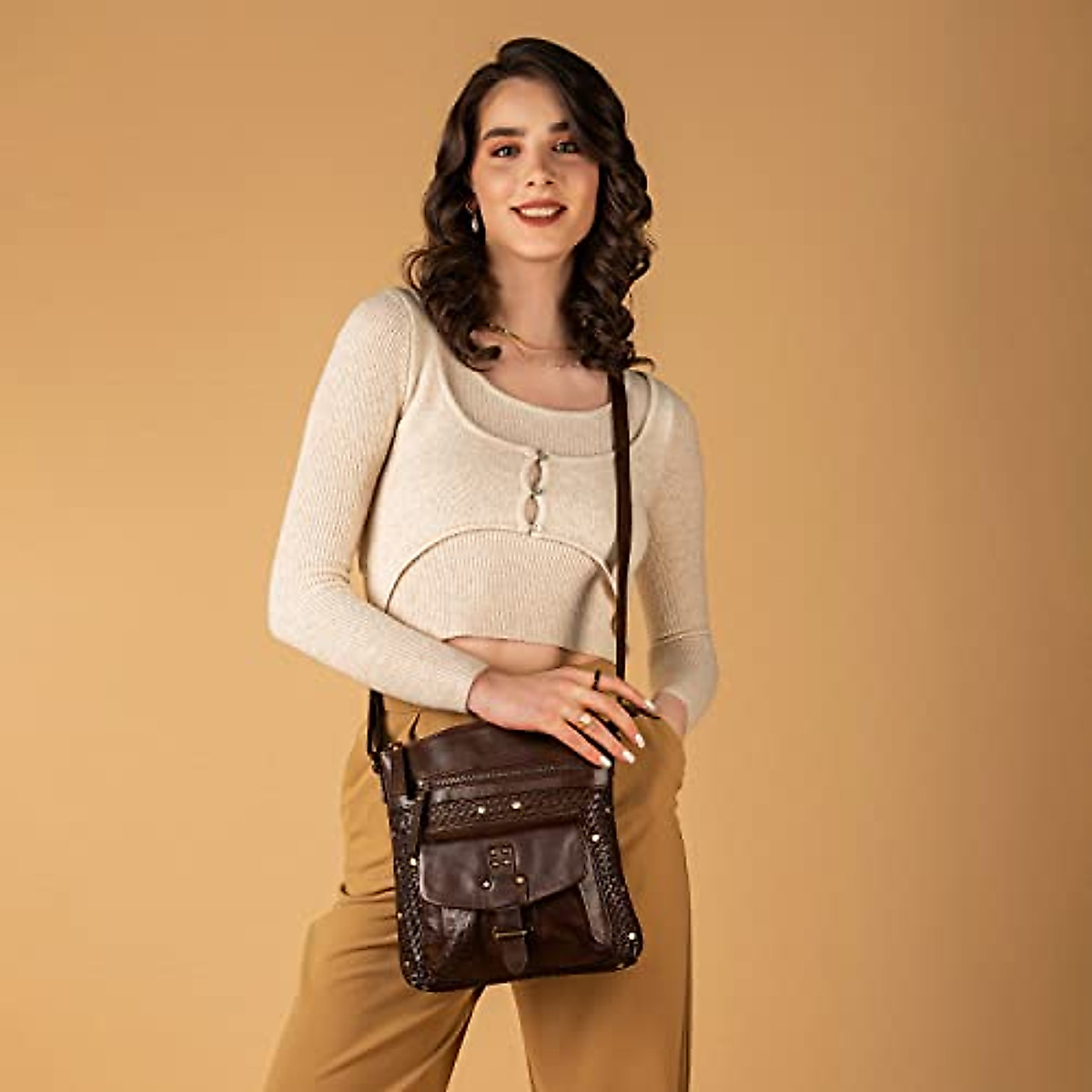 Sling Bags for Women Genuine-Leather - Vintage Multi Pocket Crossbody Purse (Chestnut)