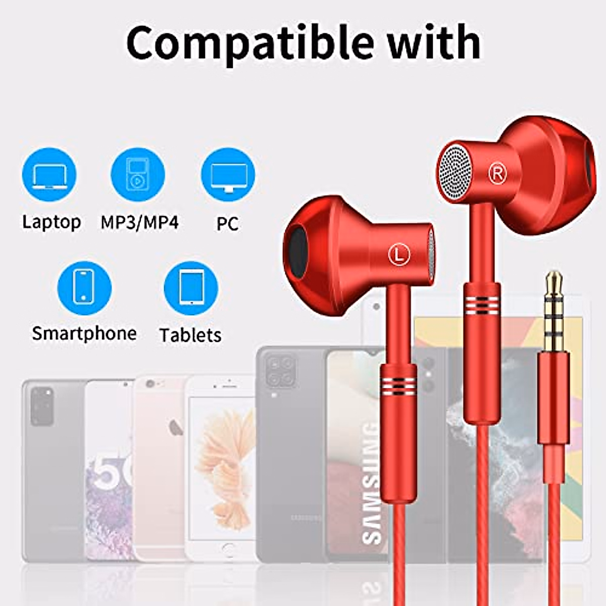 3.5mm Earphone for Samsung A13 Earbuds Headphones Hi-Res Audio Earphones Noise Isolation Deep Bass Stereo Sound Headset with Mic Volume Control for Moto G Pure,One 5G Ace,Galaxy S10+,Pixel 5a Red
