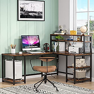 Tribesigns 67" Reversible Large Computer Desk with Hutch, Office Desk Study Table Writing Desk Workstation with 5 Storage Shelves 2 Tier Bookshelf for Home Office (Rustic Brown)