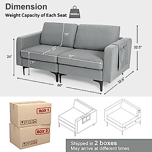 Giantex 2-Seat Sofa Couch, 66" L Modern Loveseat, Thick Cushion, Armrest Magazine Holder with 2 Pockets, Metal Legs, Ideal for Living Room Reception Room Office