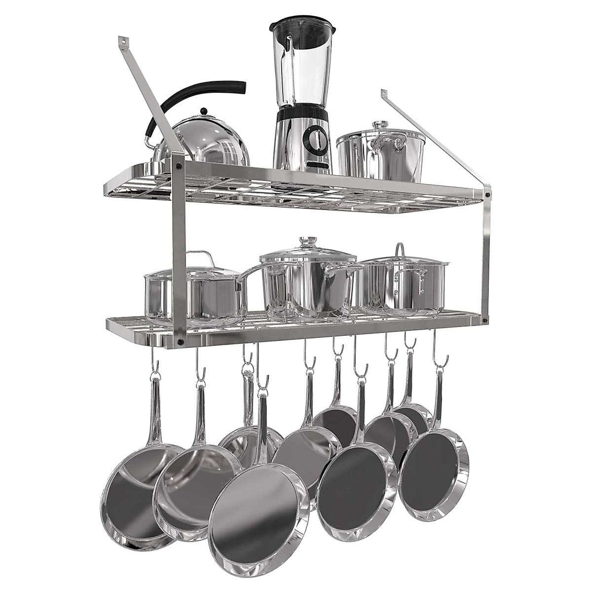 Vdomus Hanging Pot and Pan Rack - Wall Mounted Hanging Pot Rack for Kitchen Storage and Organization - Silver 2-Tier Wall Shelf for Pots and Pans Storage