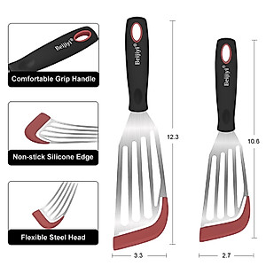 Beijiyi Fish Spatula Turner Set of 2, Heat Resistant Silicone Edge Slotted Fish Spatulas for Nonstick Cookware, Flexible and Thin Stainless Steel Kitchen Cooking Spatula Flipper for Fish, Egg, Pancake
